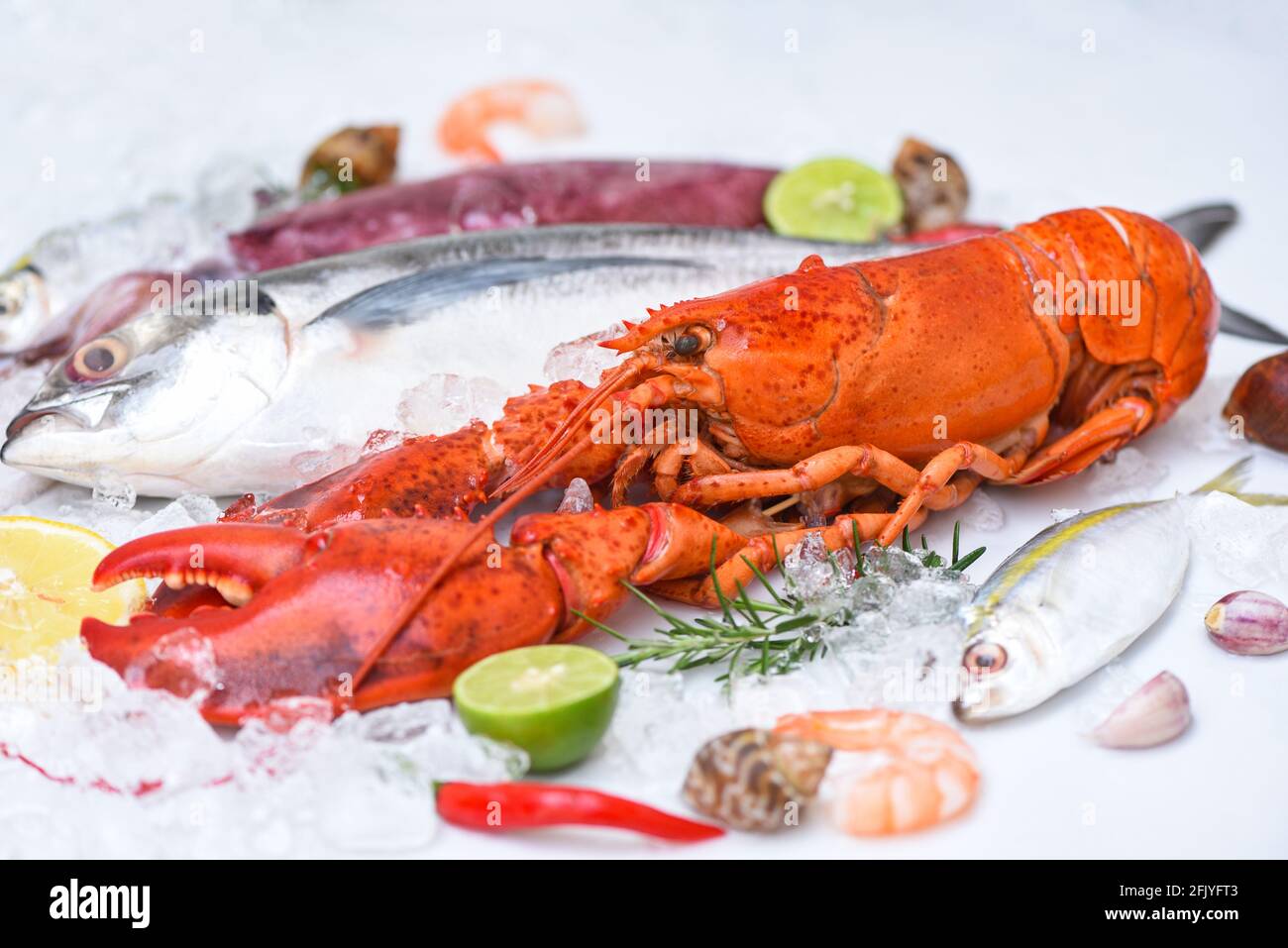 Fresh fish and seafood plate with Shellfish shrimps prawns crab shell ...