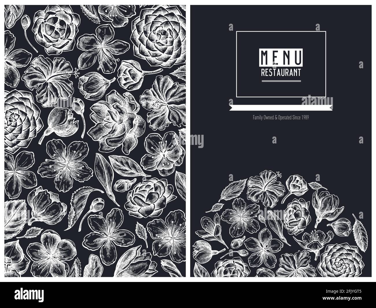 Menu cover floral design with chalk hibiscus, plum flowers, peach ...
