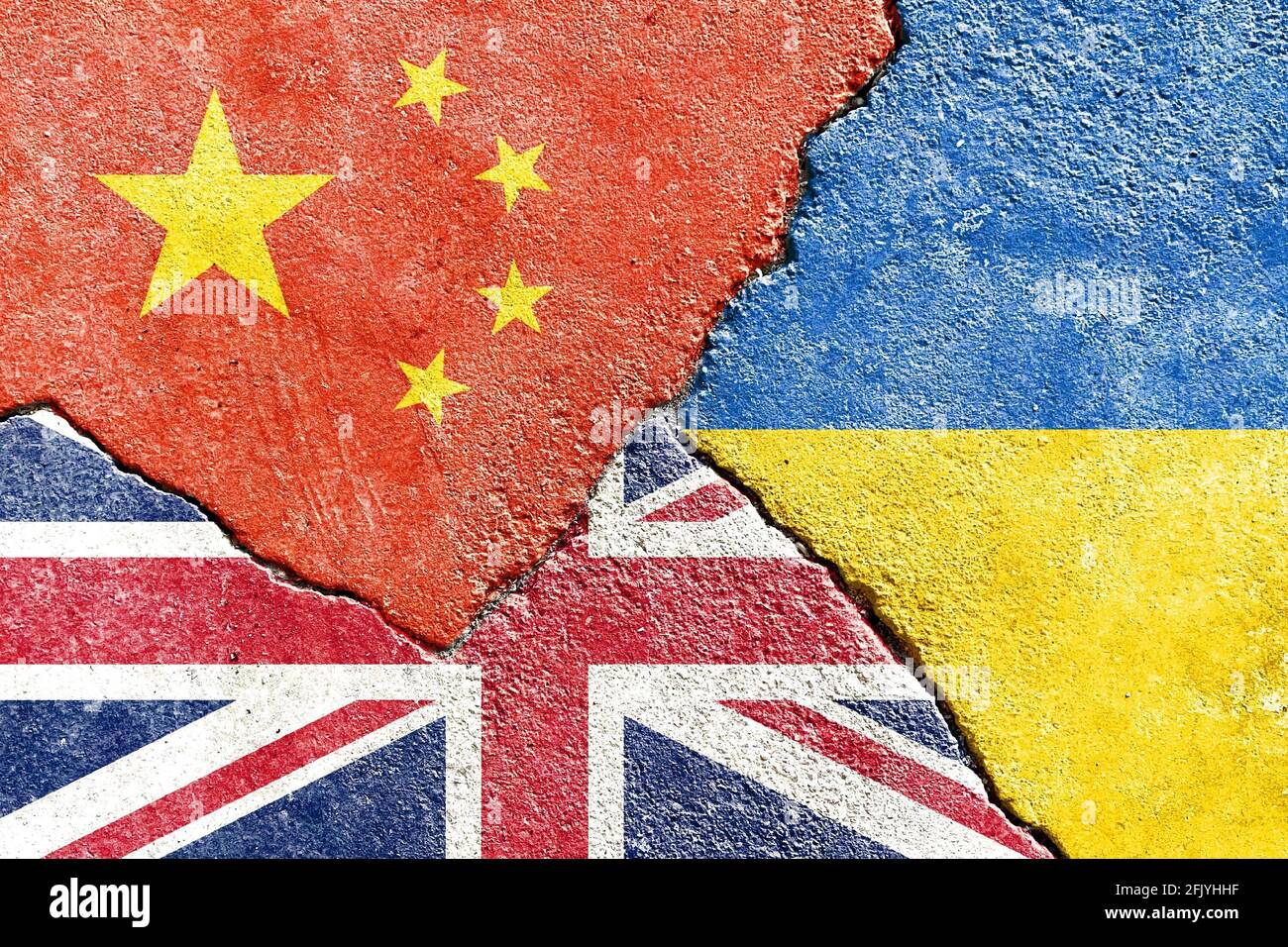 Flags of China, UK and Ukraine painted on the cracked grunge wall Stock ...
