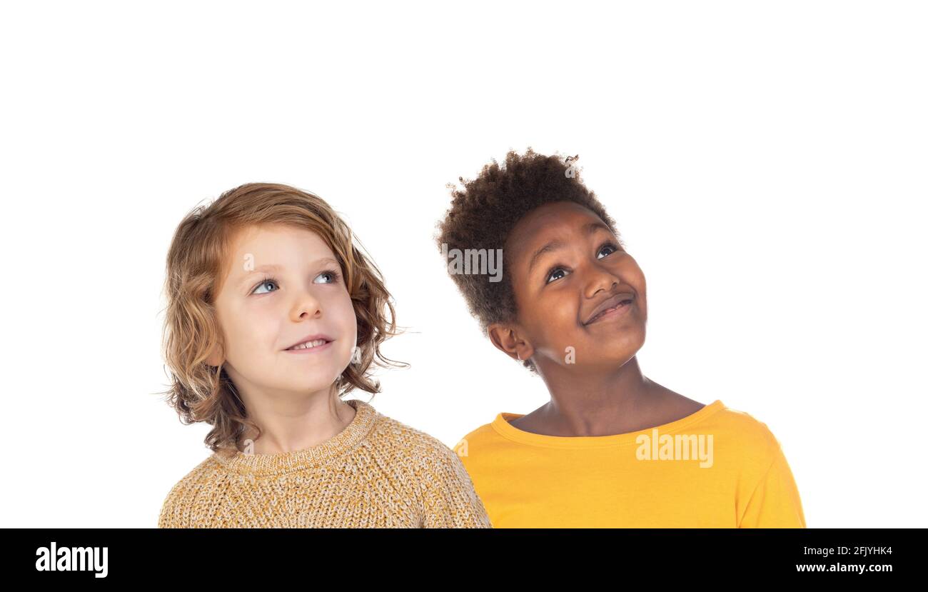 Pensive children looking up isolated on a white background Stock Photo ...