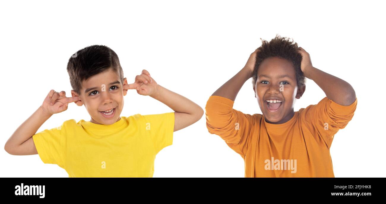 Two astonished children isolated on a white background Stock Photo - Alamy