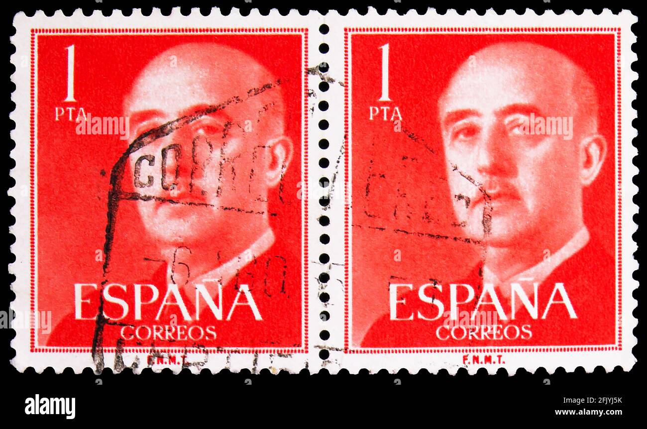 MOSCOW, RUSSIA - SEPTEMBER 27, 2019: Two postage stamps printed in Spain shows General Franco (V ...