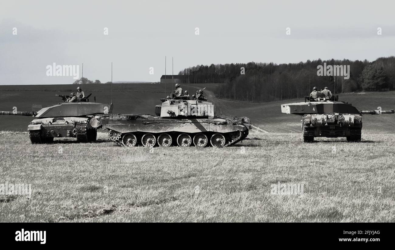 Four British Army Challenger 2 main battle tanks on exercise in a ...
