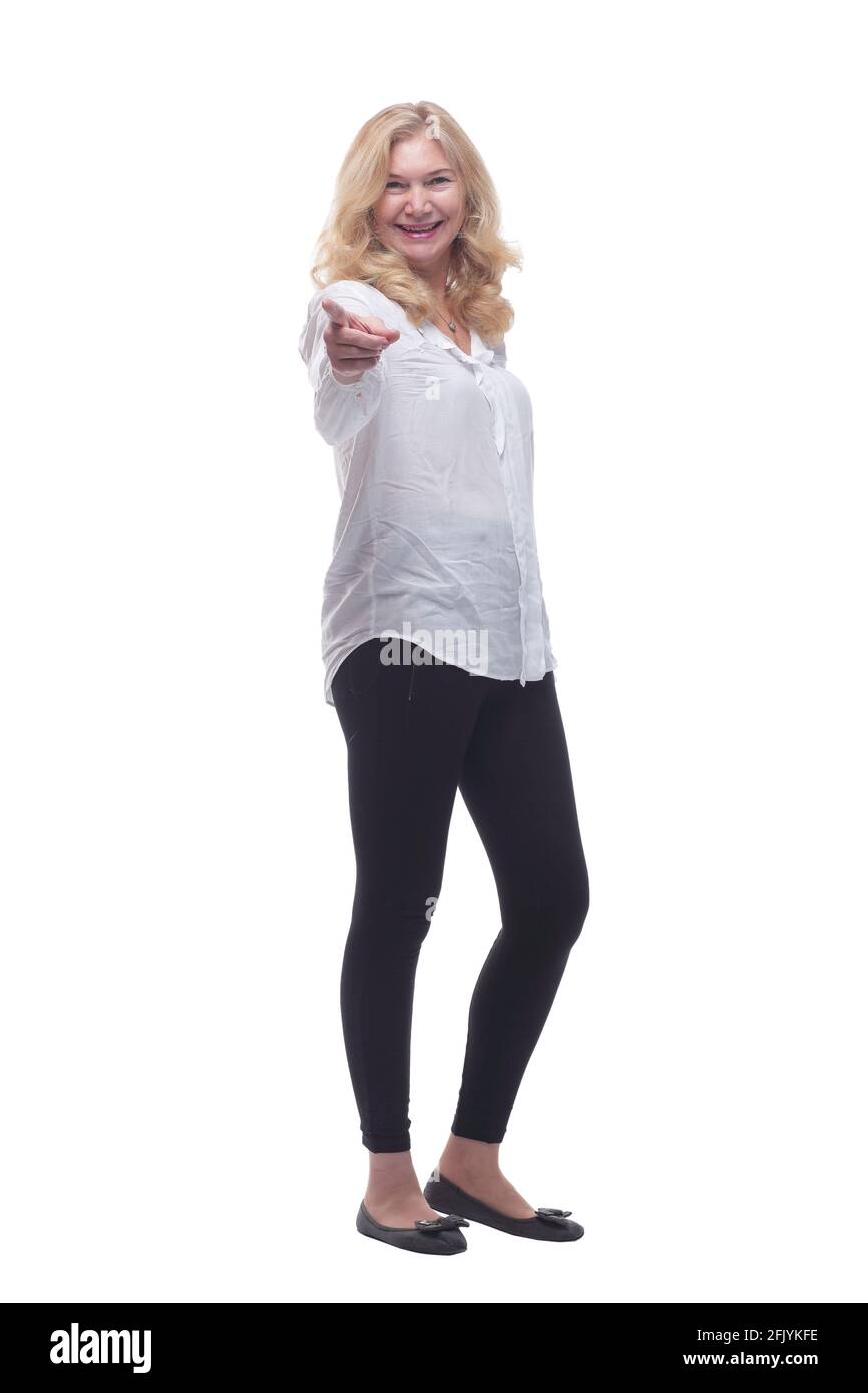 side view. mature woman in white blouse looking at the camera Stock ...