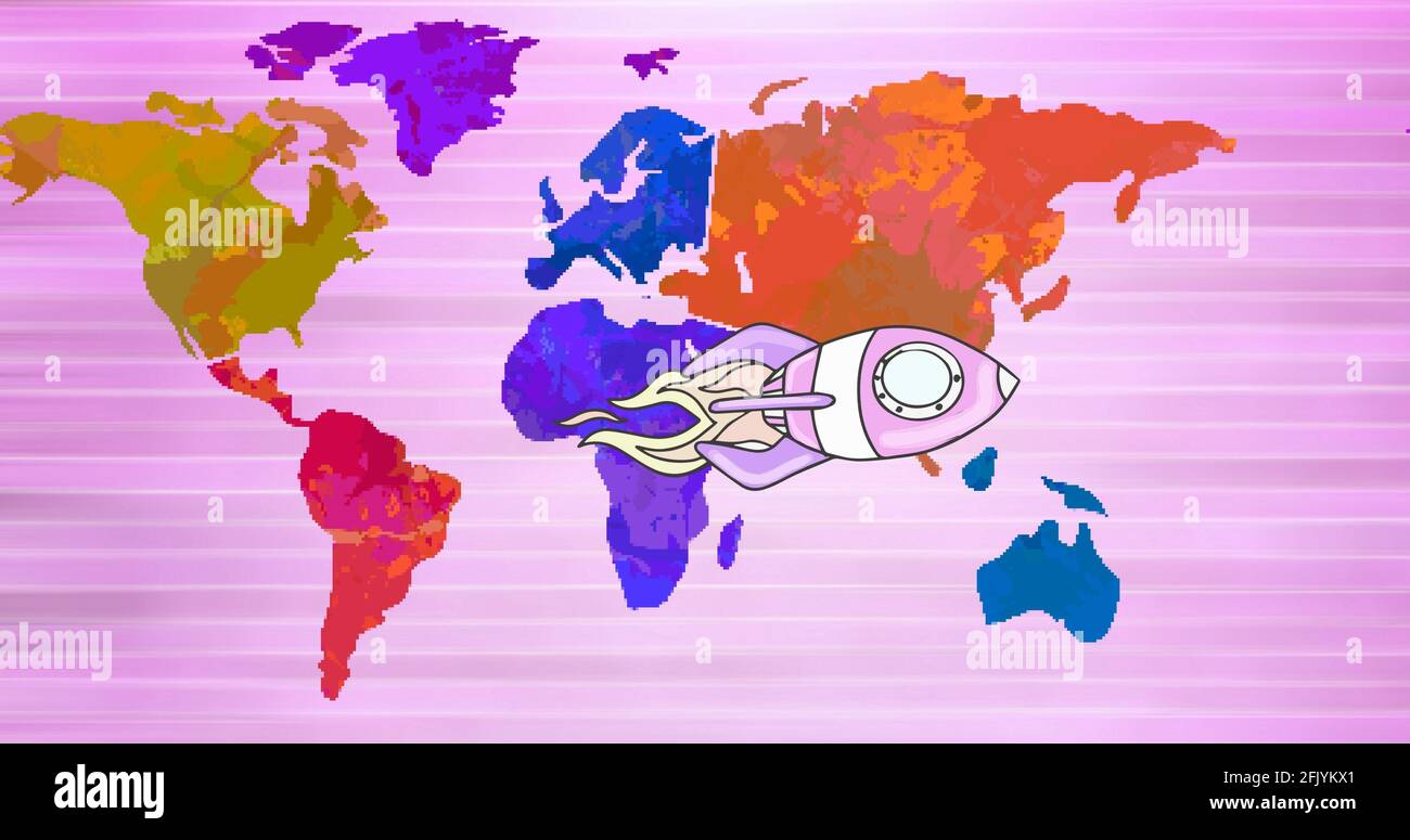 Composition of space rocket on multi coloured world map over pink ...