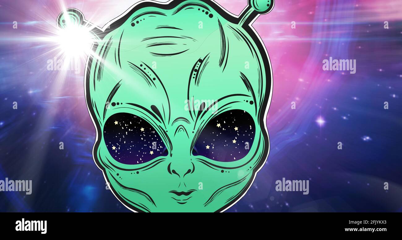 Composition of green alien's face and glowing light over stars on pink ...