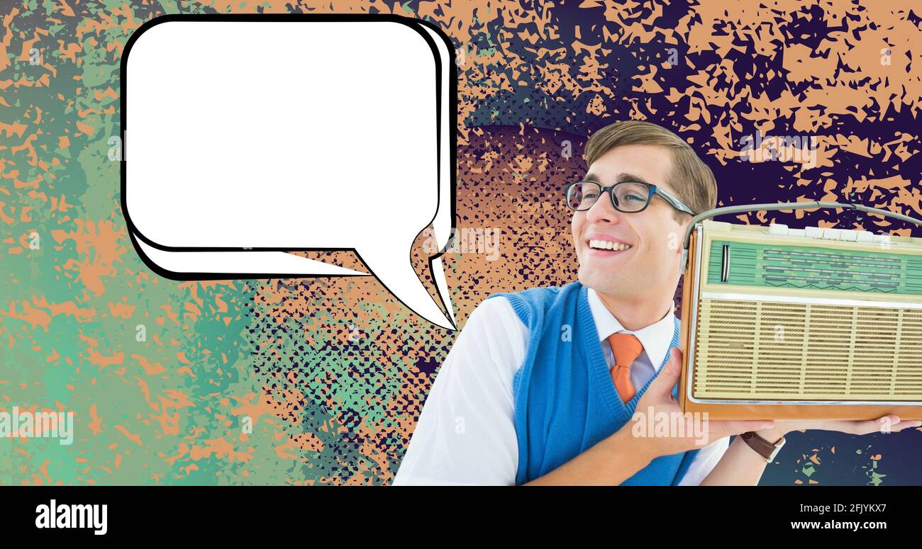 Composition of happy man holding retro radio, speech bubble with copy ...
