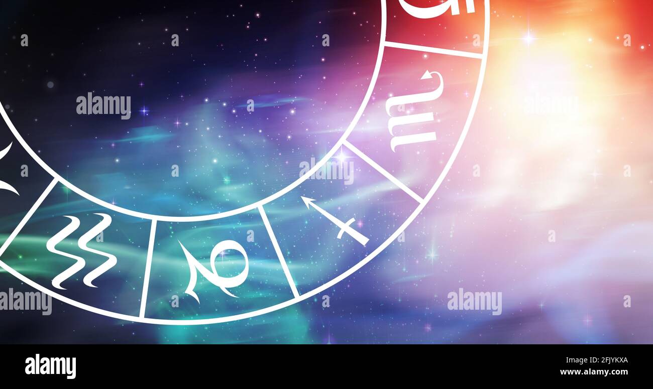 Composition of white zodiac star sign wheel over stars on multi ...