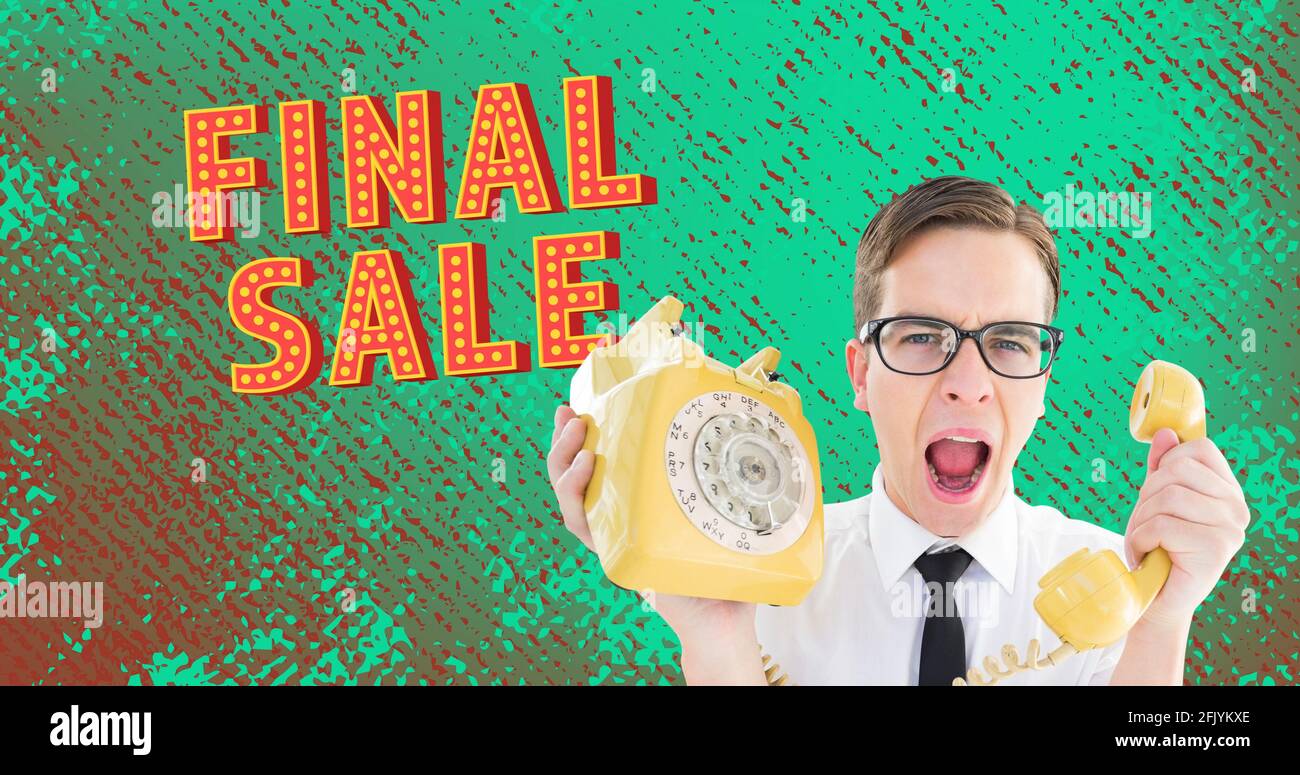 Composition of final sale with screaming man holding retro phone on ...