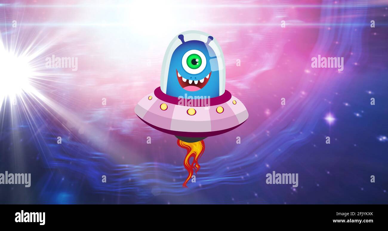 Composition of smiling alien in spaceship and glowing light over stars ...