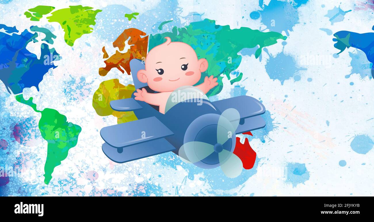 Composition of baby in airplane over multi coloured world map over blue ...
