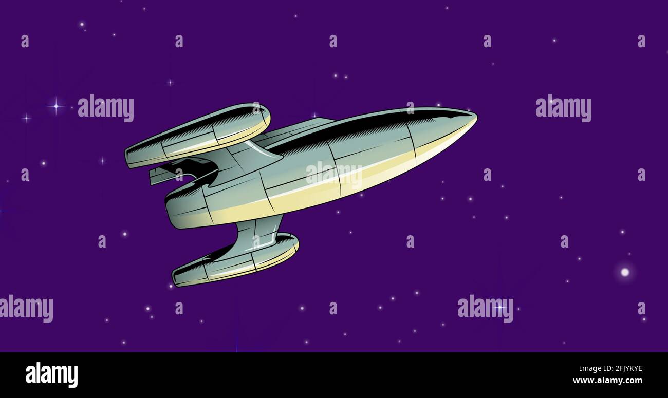 Composition of spaceship over stars on dark purple background Stock ...