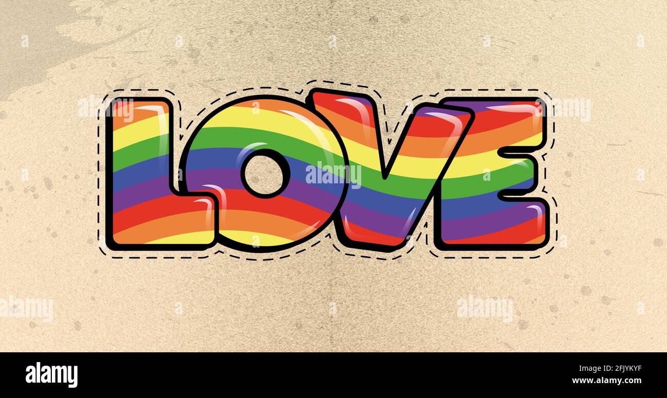 Composition of love text in rainbow letters and stitching on cream ...