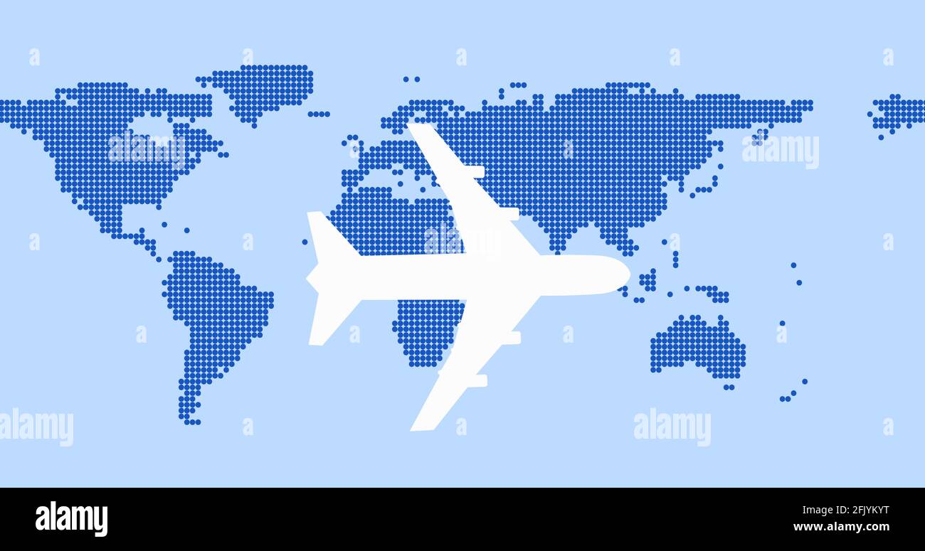 Composition of white airplane over blue digital world map on light blue ...