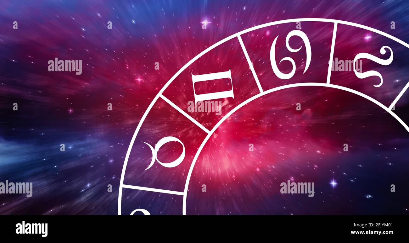 Composition of white zodiac star sign wheel over stars on pink and ...
