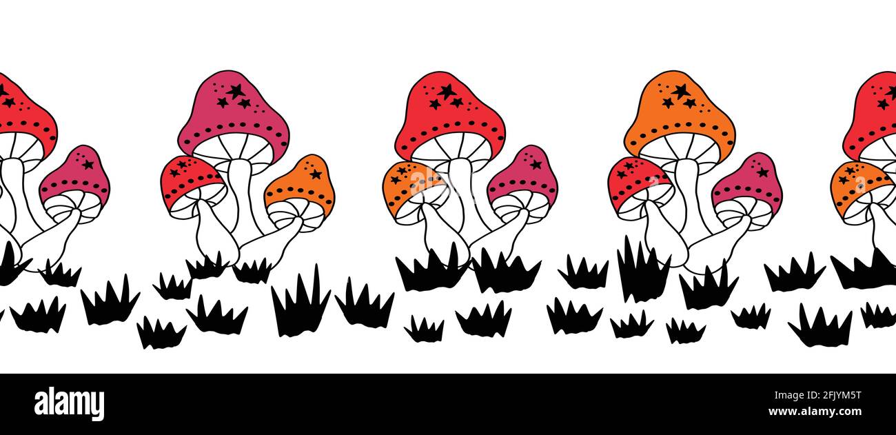Seamless vector border mushroom fungi black red white. Line art ...