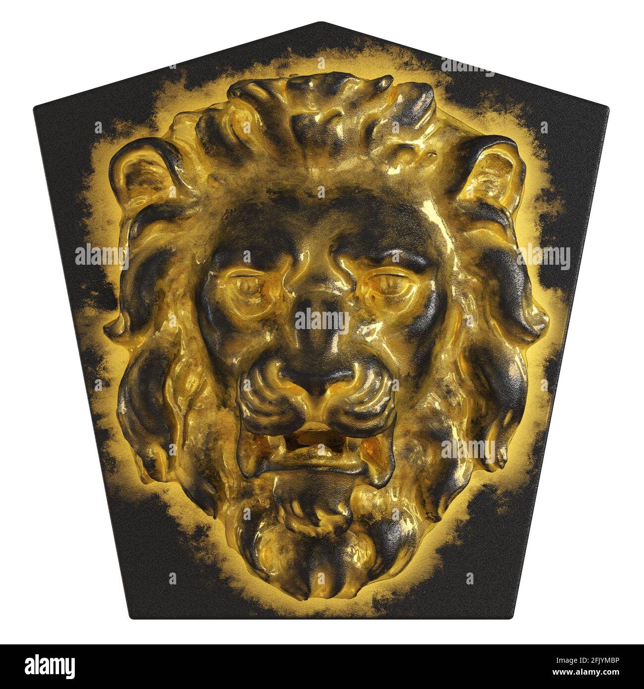 Black pentagonal slab with basrelief lion's head in black and gold ...