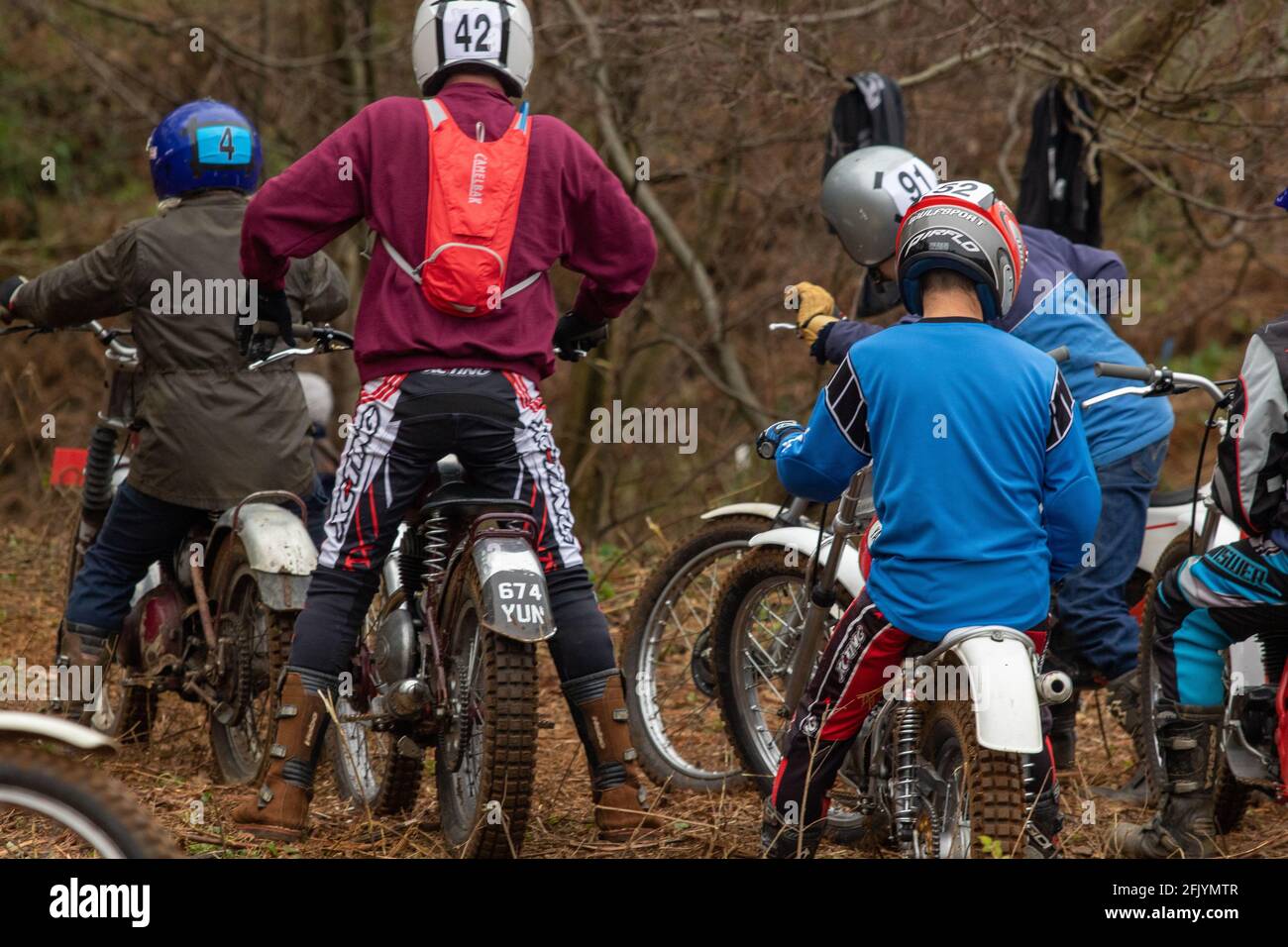 At a Suffolk motorcycle trial riders queue for the next section Stock ...