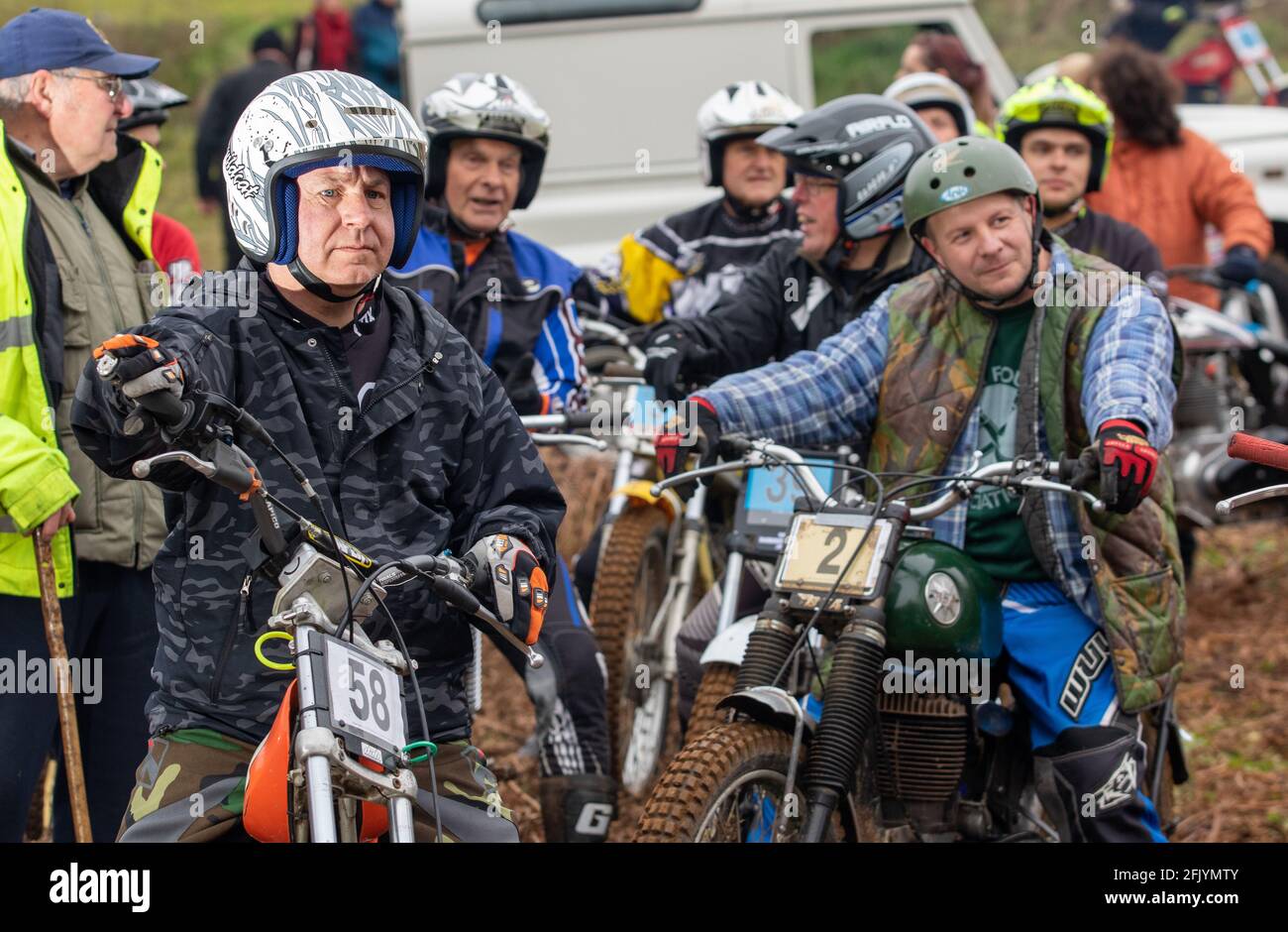 At a Suffolk motorcycle trial riders queue for the next section Stock ...