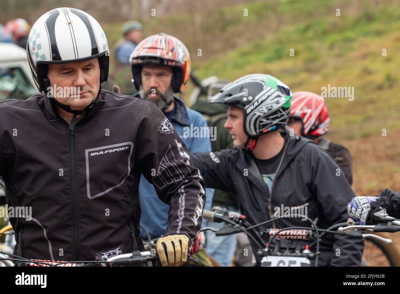 At a Suffolk motorcycle trial riders queue for the next section Stock ...