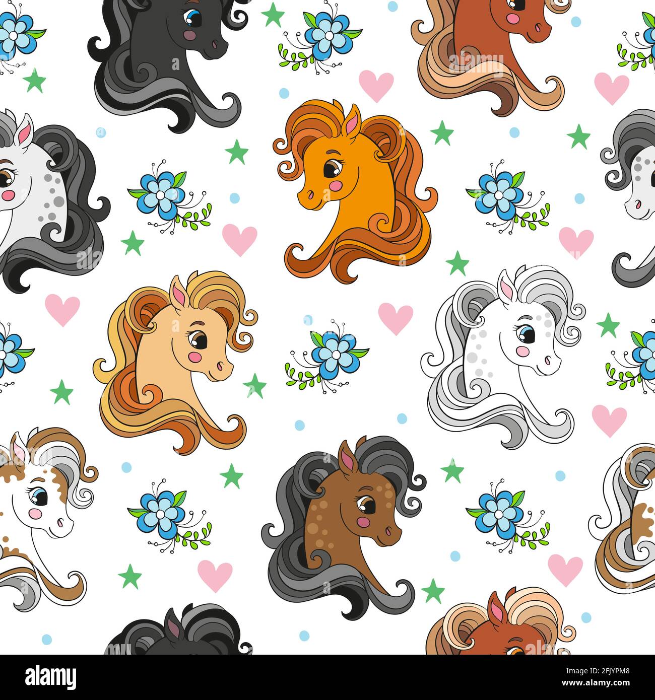 Seamless pattern with pretty pony heads and flowers on white background ...