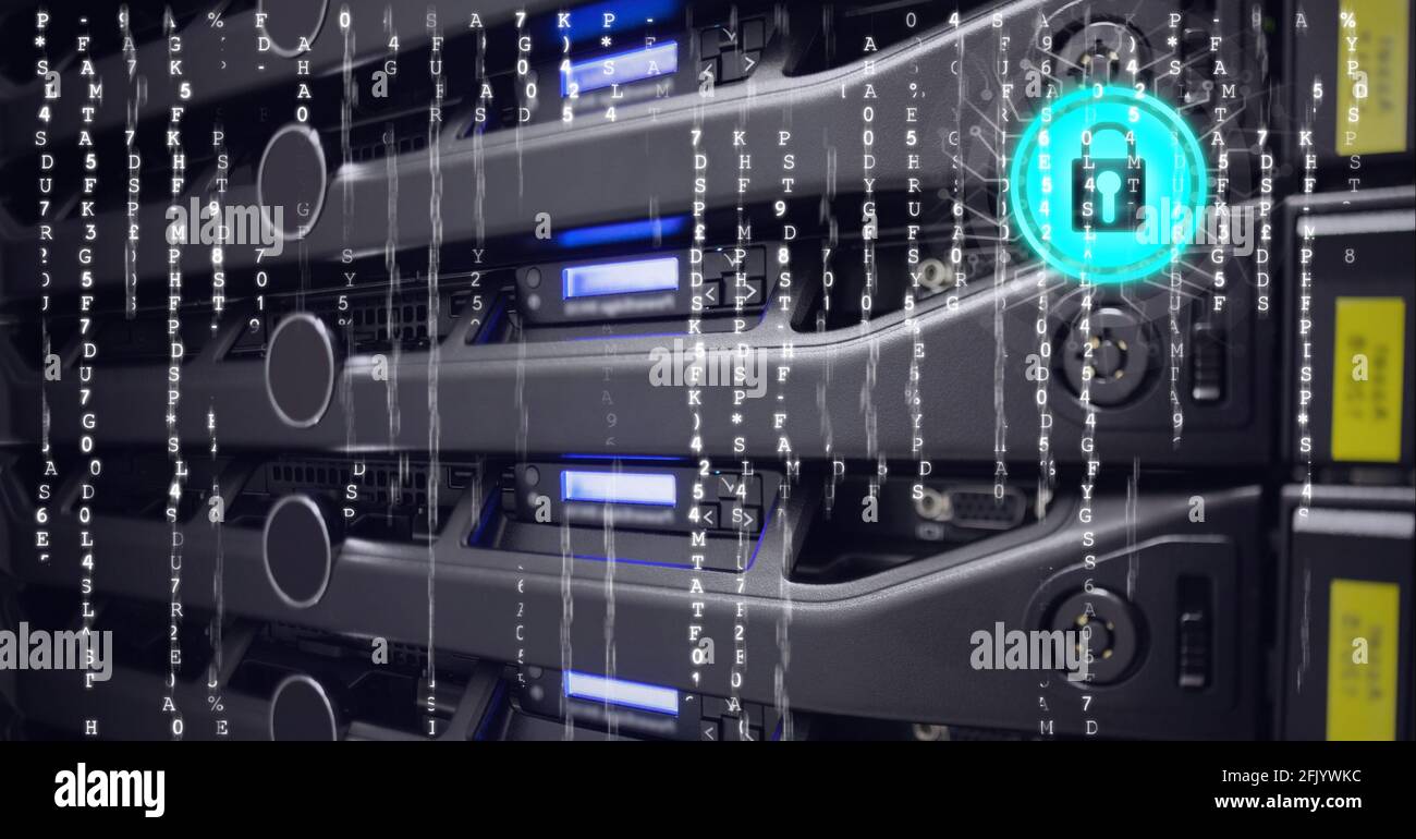 Composition of online security padlock icon and letters changing over ...