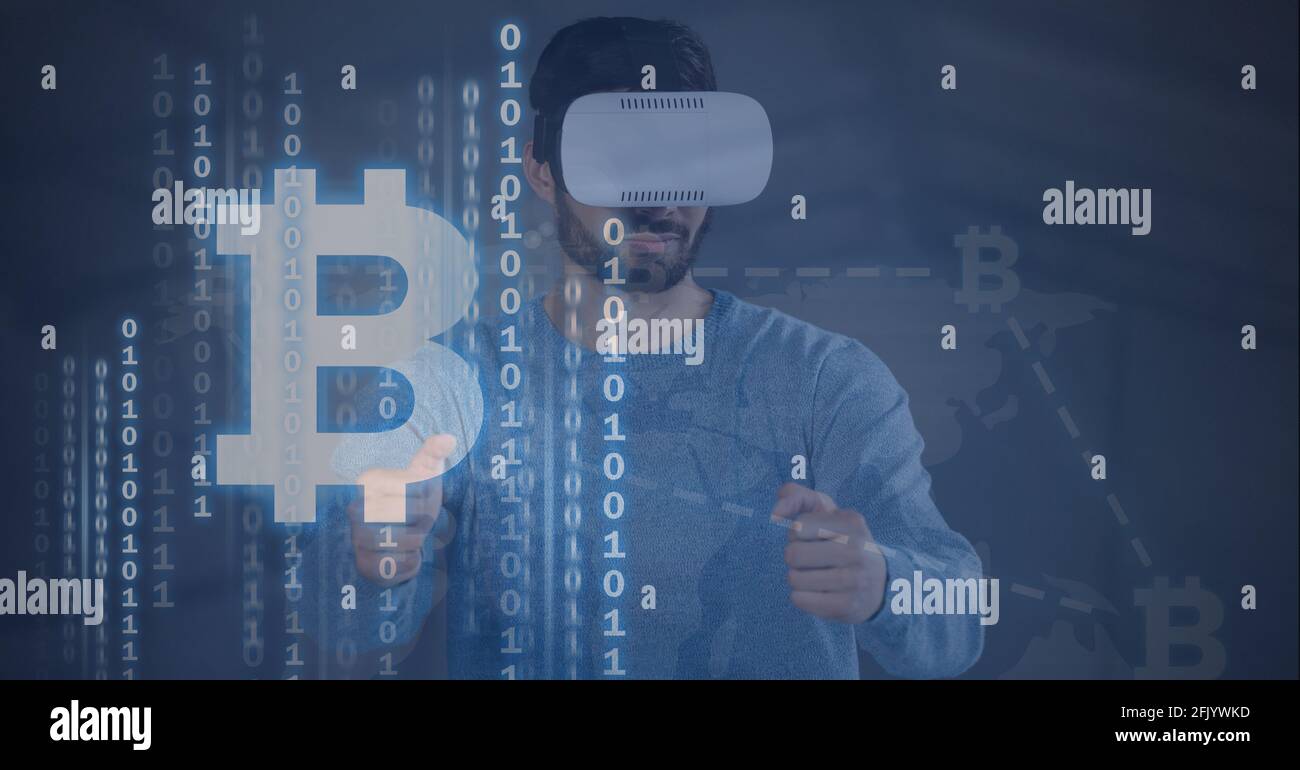 Composition Of Binary Coding Bitcoin Symbols Over Man Wearing Vr 4347