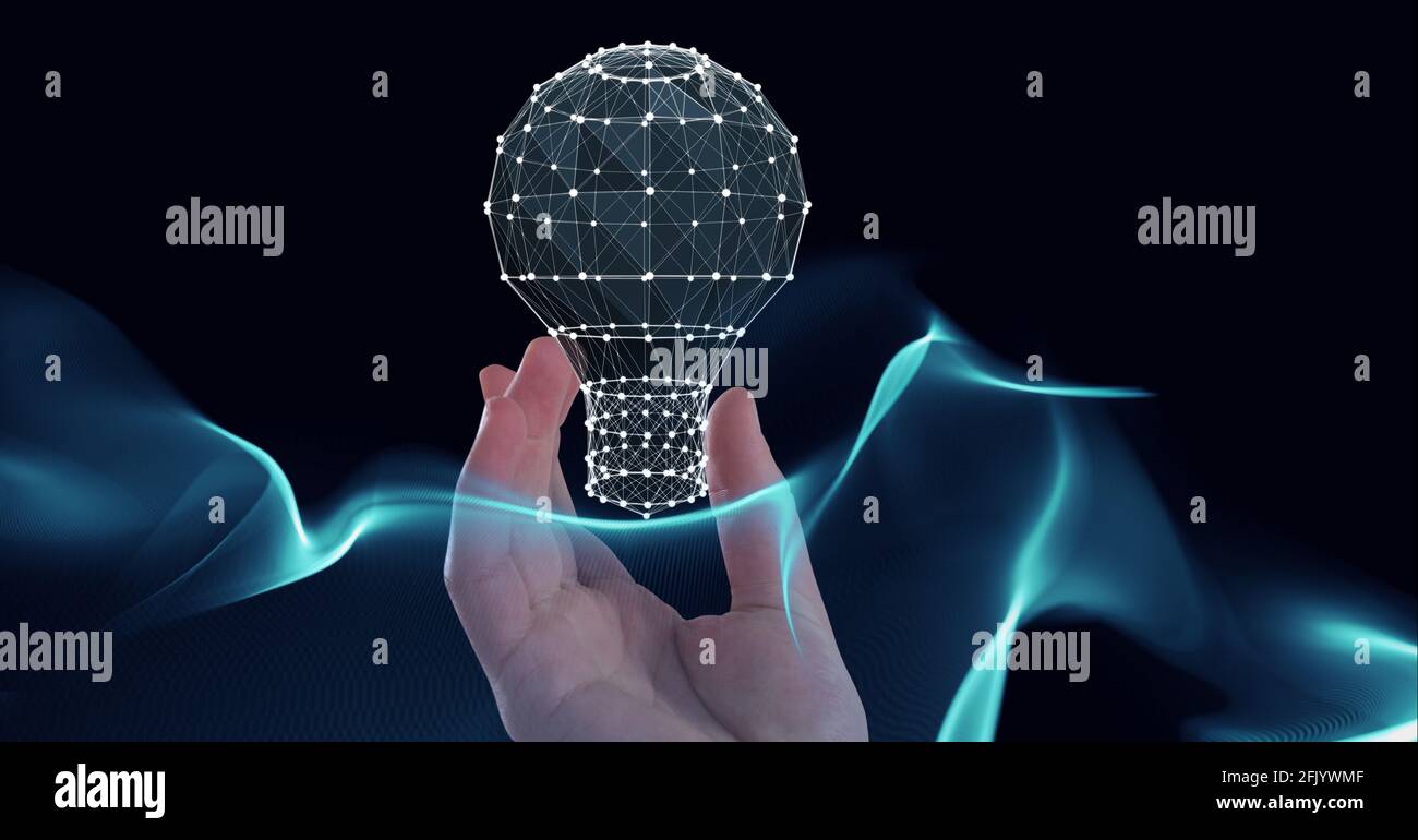 Composition of hand holding light bulb with network of connections and blue light trails Stock ...