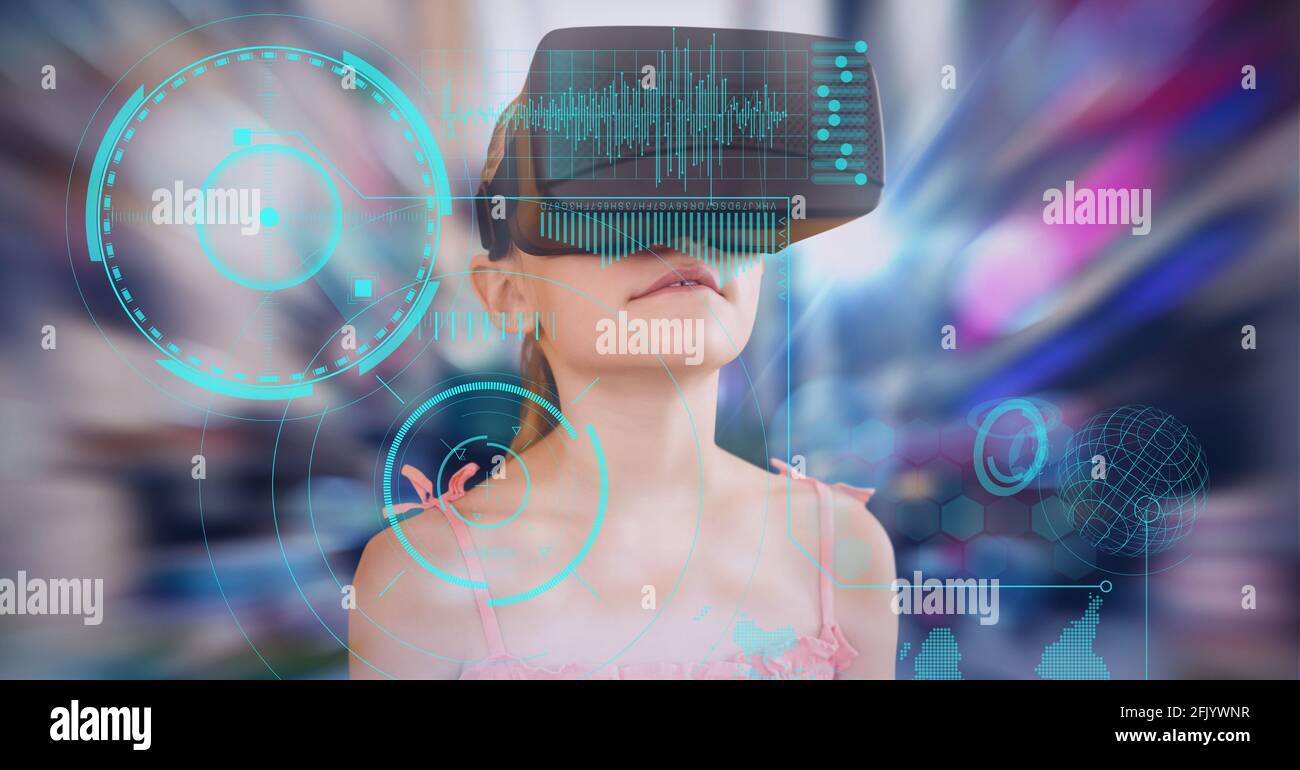 Composition of data processing and scopes scanning over girl wearing vr ...