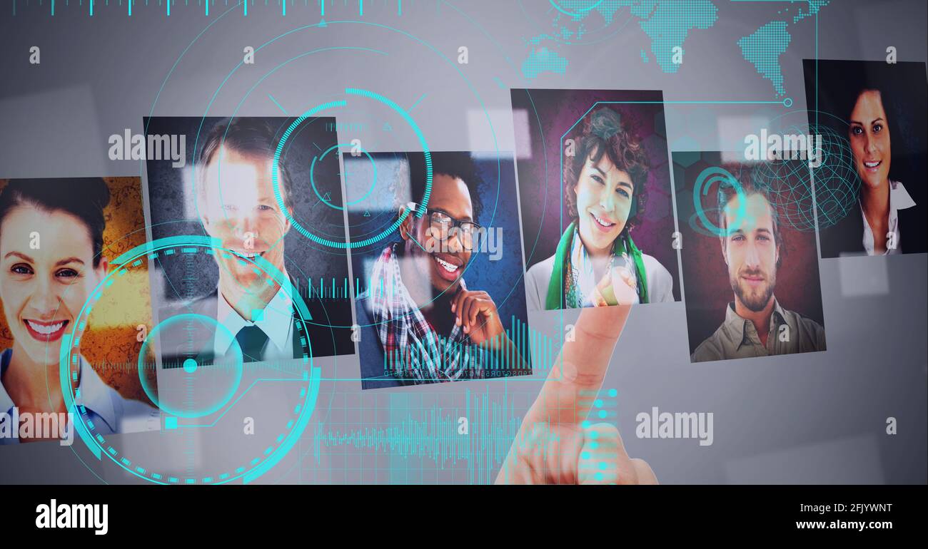Composition of man touching virtual screen with scopes scanning and ...