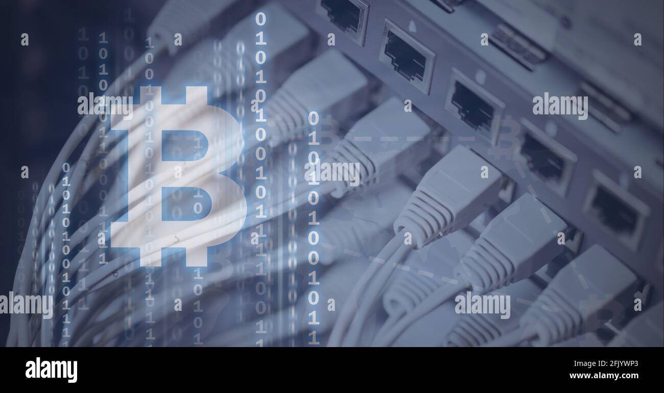 Composition of bitcoin icon and binary coding over close up of cables in computer server Stock ...