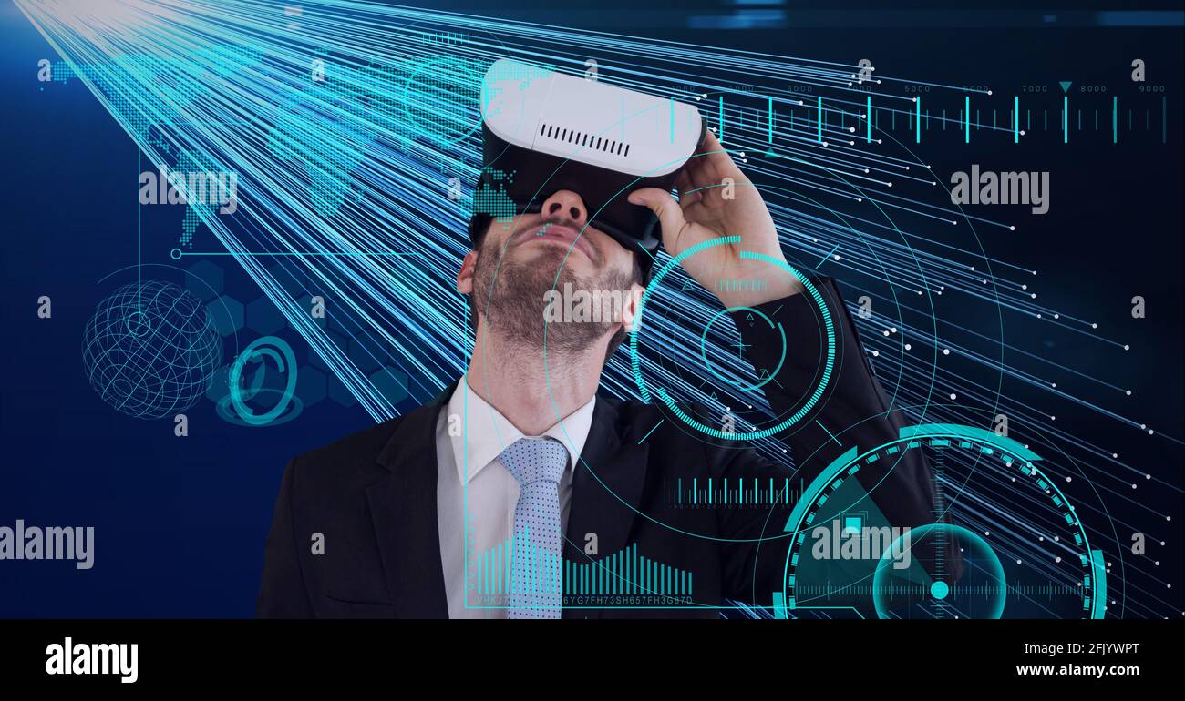 Composition of data processing, world map and scopes scanning over man wearing vr headset Stock ...