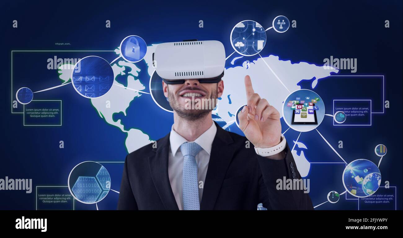 Composition of network of icons with world map over man wearing vr ...