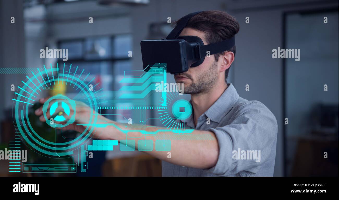 Composition of data processing and scopes scanning over man wearing vr headset touching screen ...