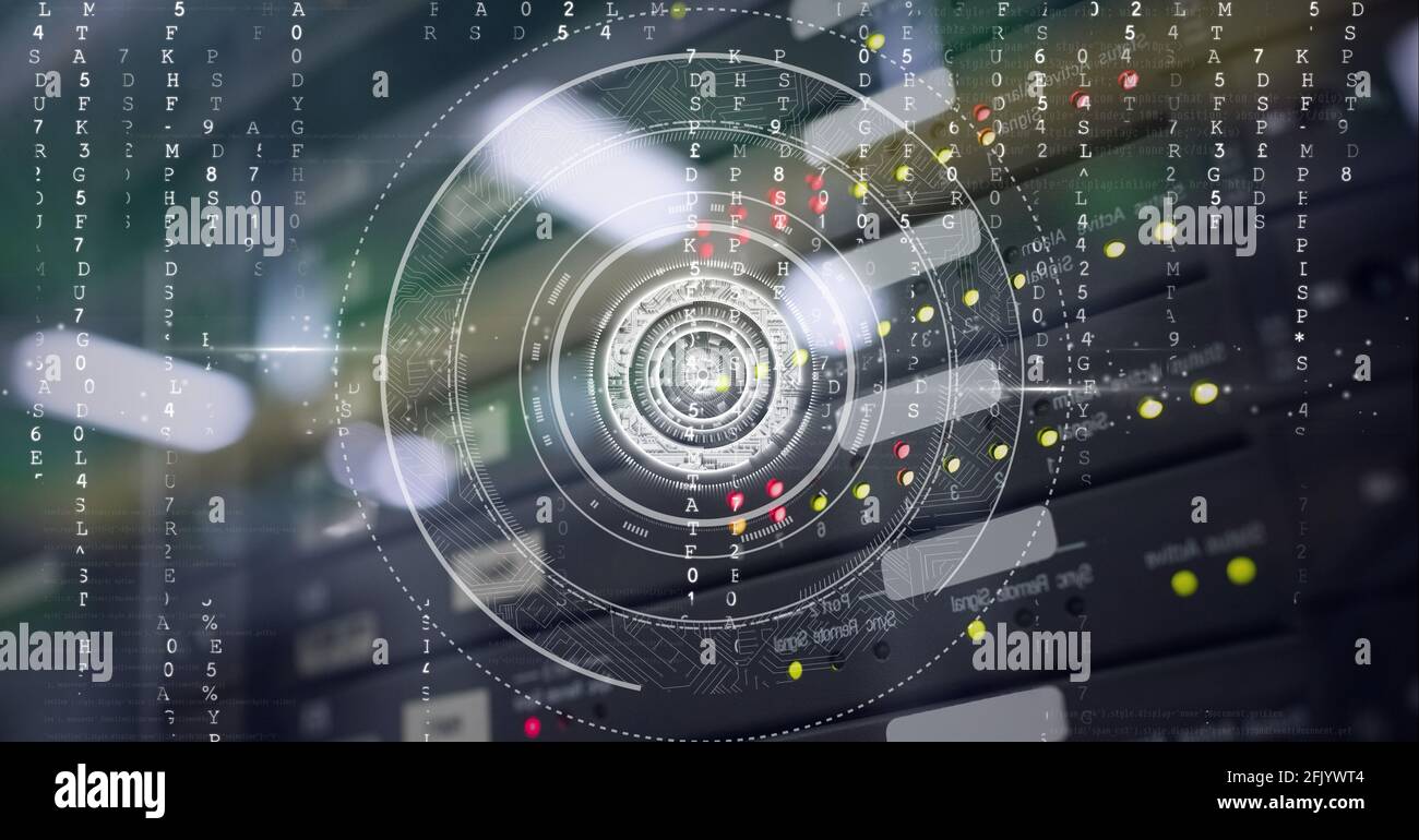Composition of data processing and scope scanning over close up of computer server Stock Photo ...