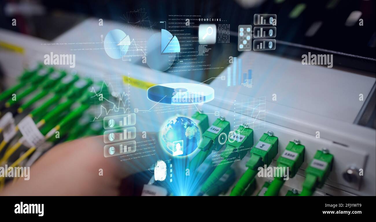 Composition of data processing and globe over close up of cables and ...
