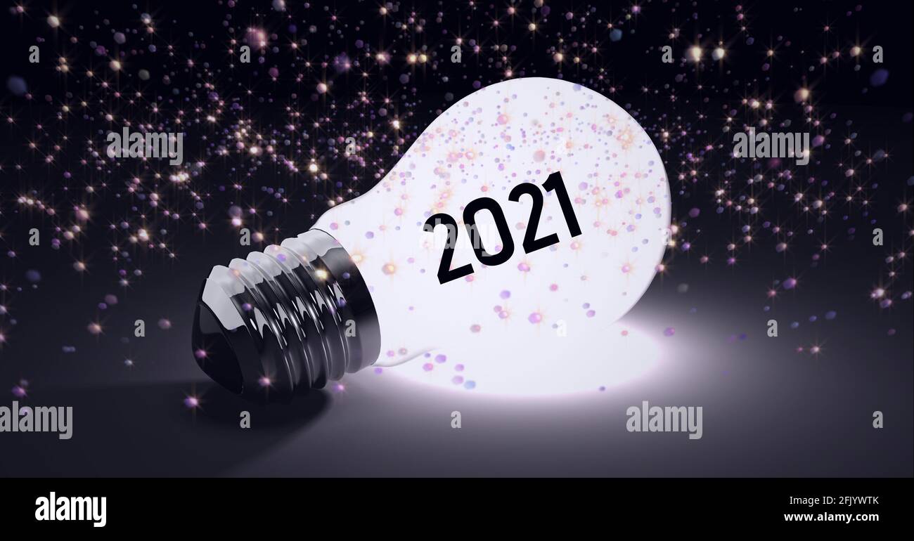 Composition of 2021 written on lit light bulb with multiple spots on ...
