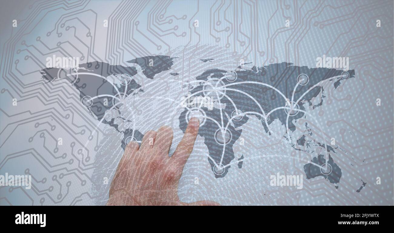 Composition of man touching virtual screen with world map and circuit ...