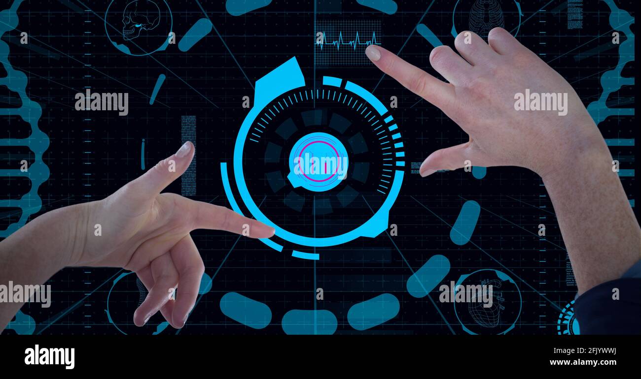 Composition of two hands touching virtual screen with scope scanning ...