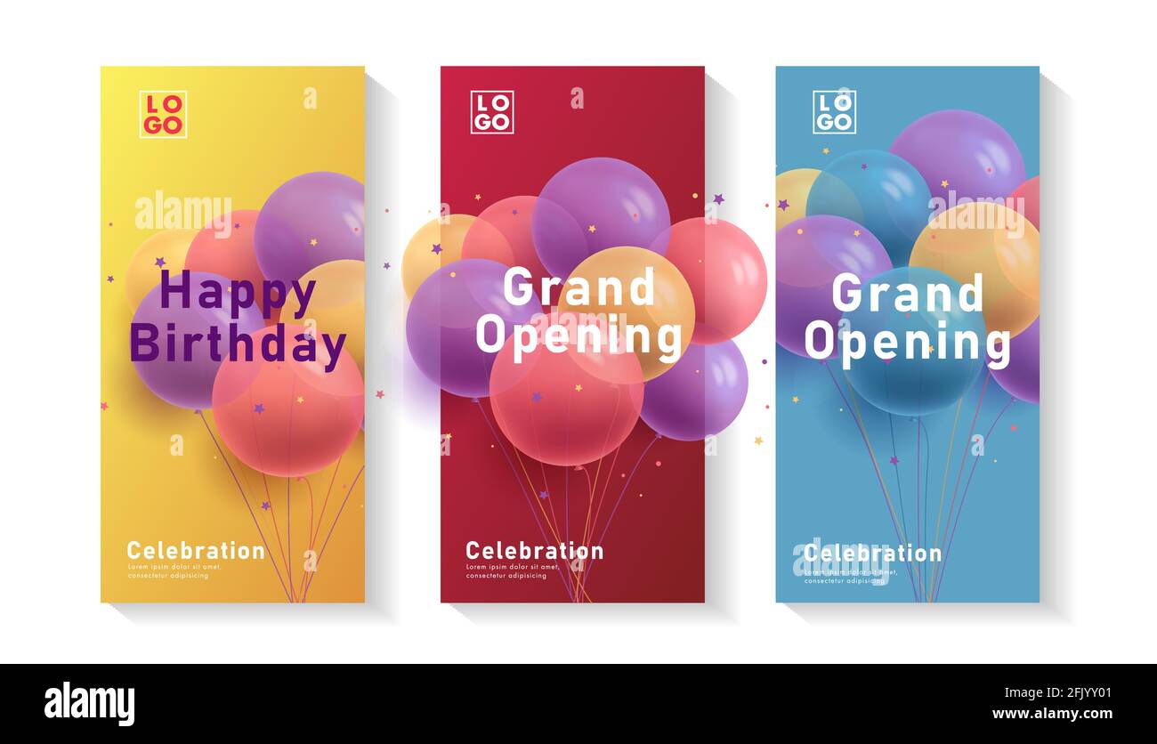 Set of leaflets or flyers with 3d Realistic Colorful Bunch of Birthday ...