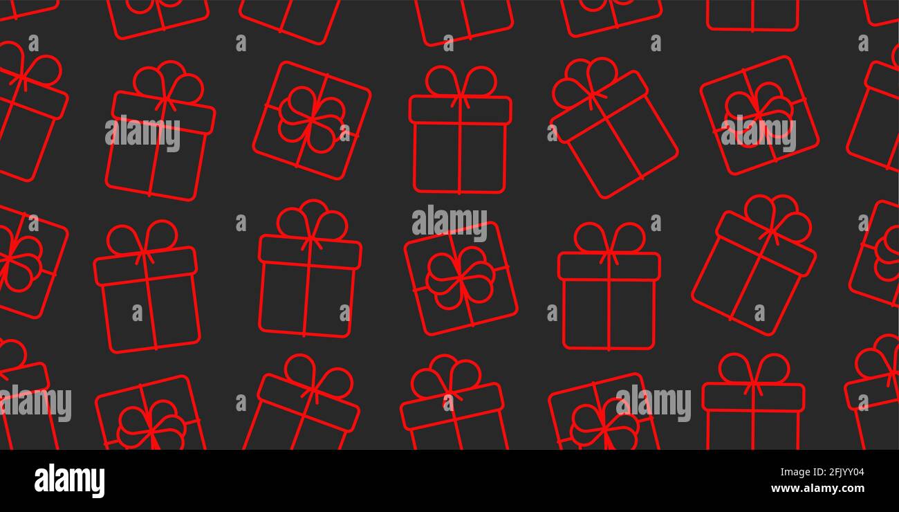 Seamless pattern of red linear gift boxes, side and top view with ...