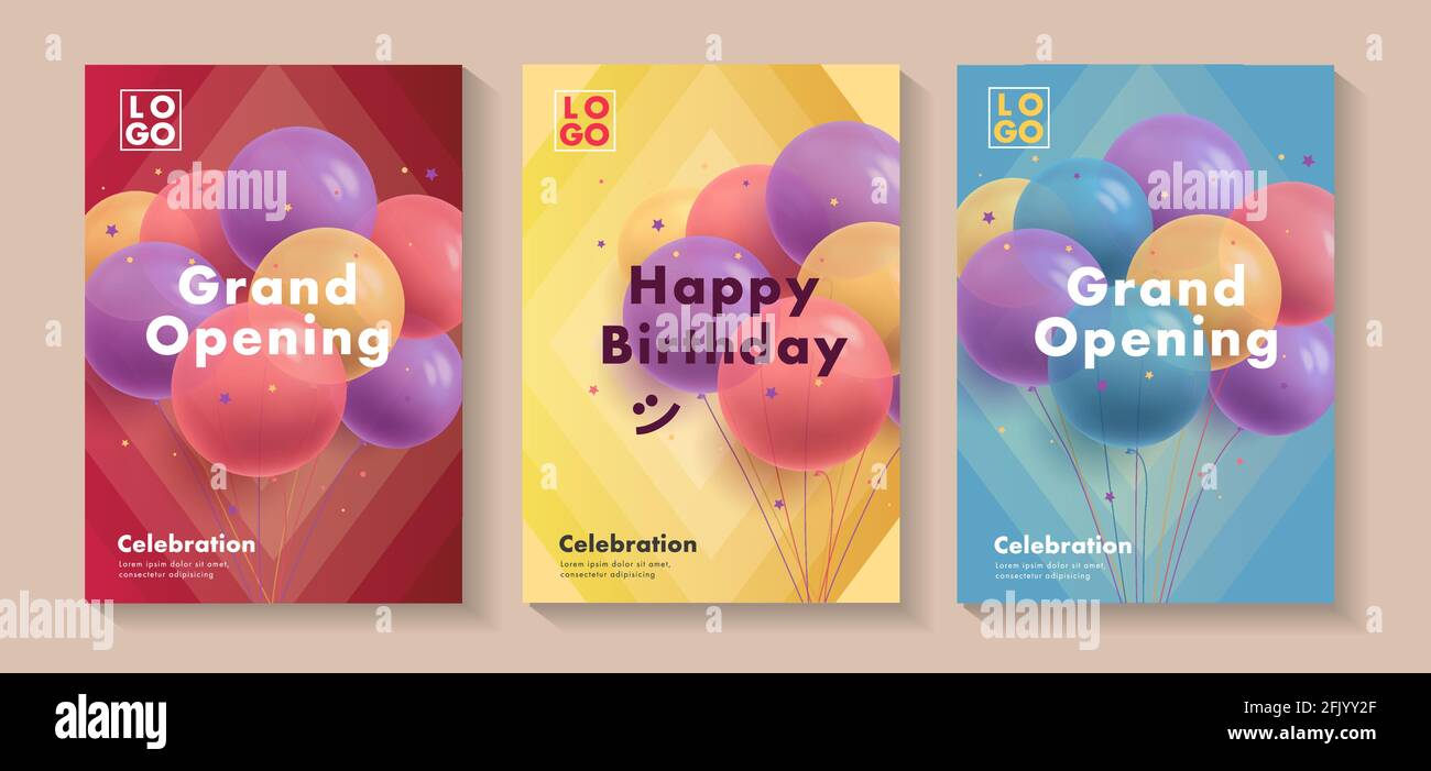 Set of happy birthday and grand opening posters with 3d round festive ...