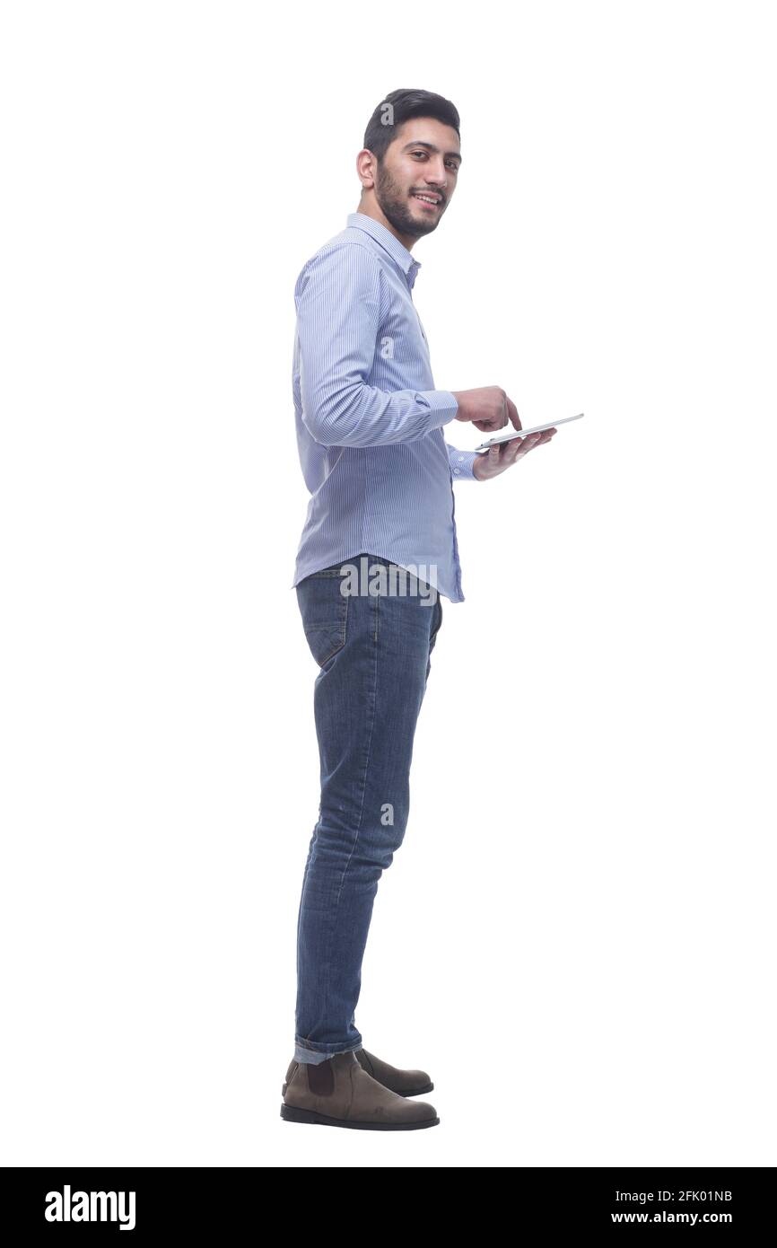 smiling man tapping on the screen of a digital tablet Stock Photo - Alamy