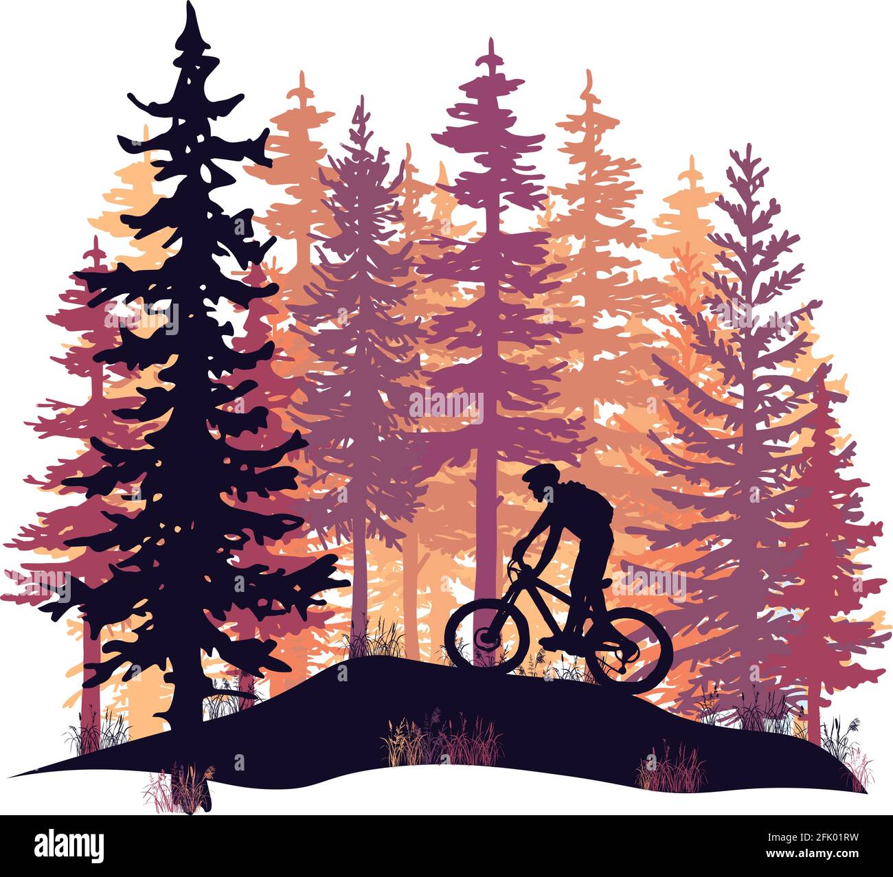 Silhouette of mountain bike rider in wild nature landscape. Forest ...