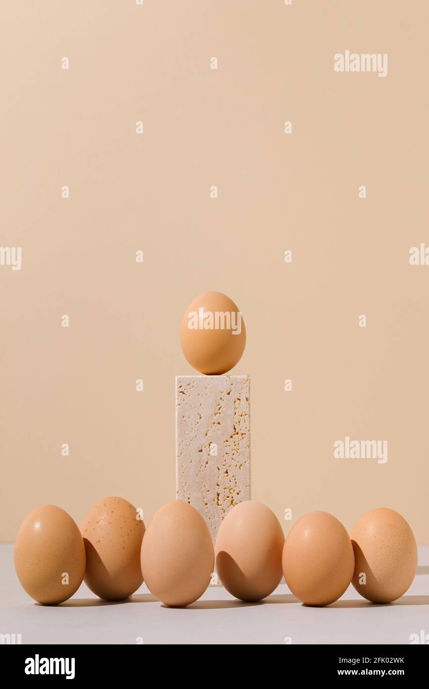 Single egg standing on a travertine marble block stage surrounded by ...