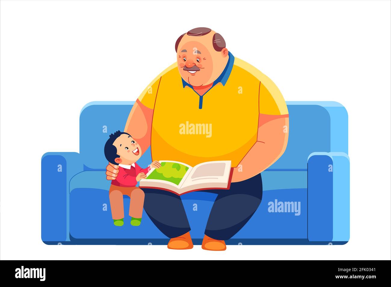Grandfather and grandson sit on the sofa and read a book together ...
