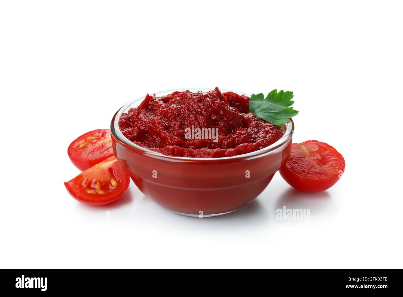 Bowl of tomato paste and tomatoes isolated on white background Stock ...