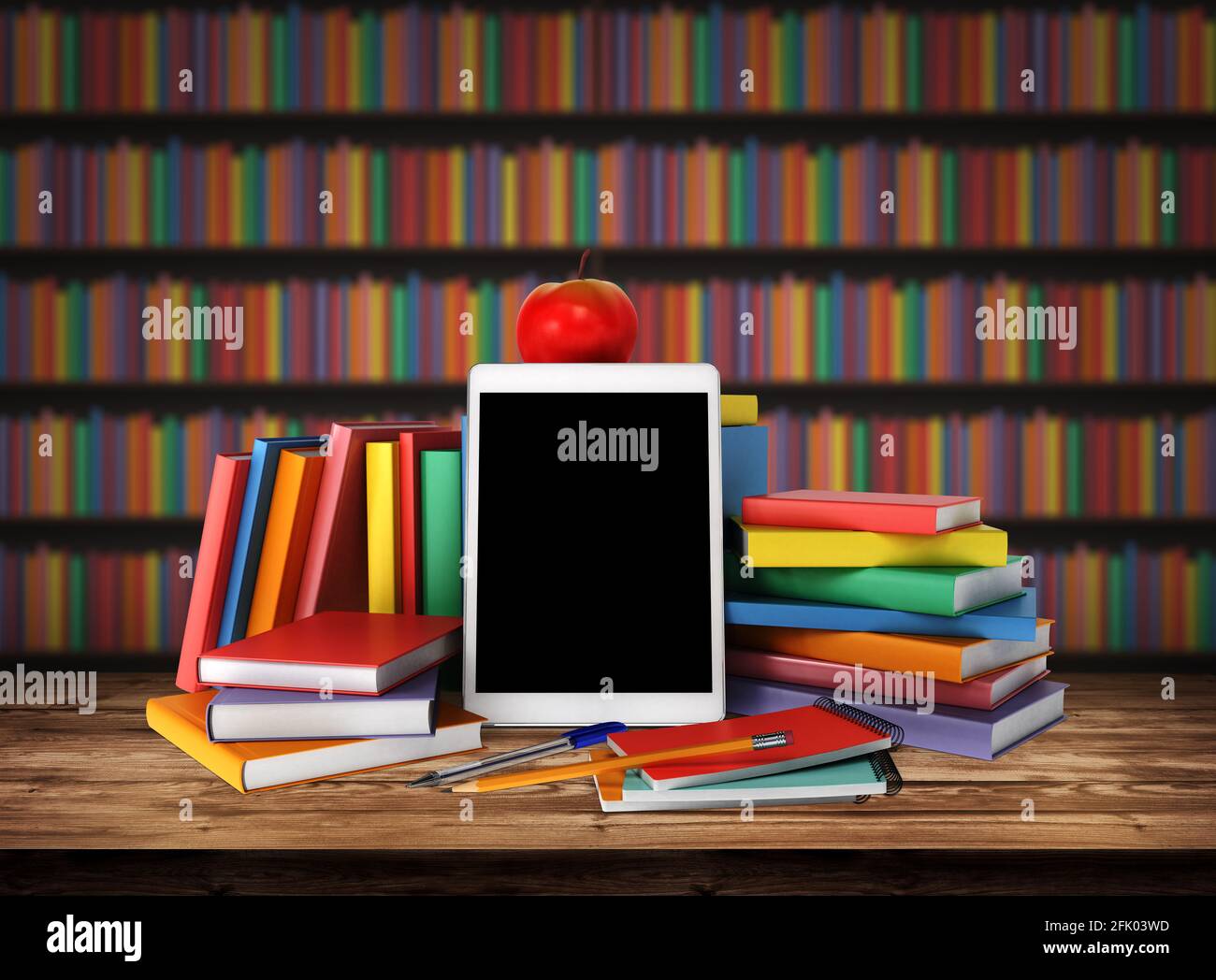 Wooden table with a stack of colored books, tablet, pencil, school ...