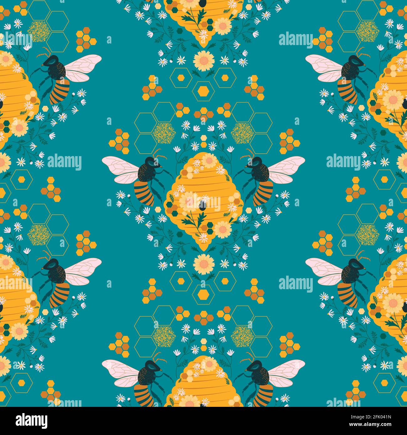 Bee Hive Honeycomb Daisy vector seamless pattern. Symmetrical honeybee ...