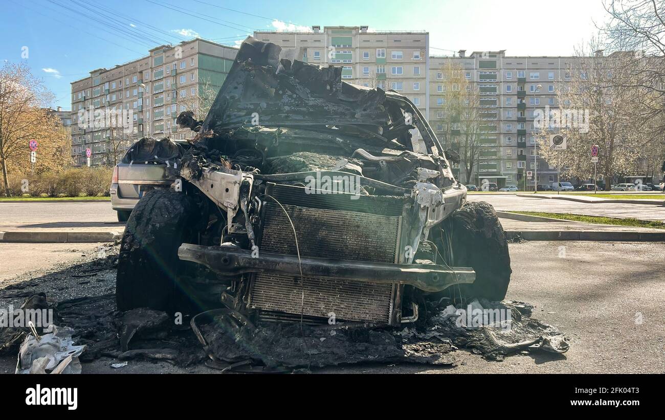 New car burned to the ground in the middle of a sleeping area Stock ...